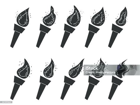 불 굽는 횃불 불꽃 검은 실루엣 그림자 아이콘 격리 된 세트입니다 벡터 그래픽 디자인 일러스트 개체 그룹에 대한 스톡 벡터 아트 및 기타 이미지 Istock