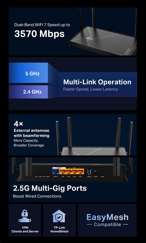 Wi Fi 7 TP Link Wi Fi 7 9 3Gbps Tril Band Coverage EasyMesh MLO 2 5G Port Wifi Router Archer