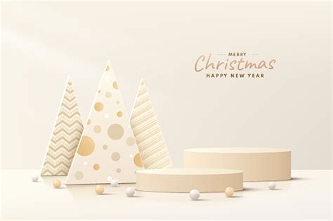 럭셔리 크리스마스 트리와 공을 가진 추상적 인 현실적인 3d 밝은 갈색 실린더 받침대 연단 메리 크리스마스와 제품 디스플레이