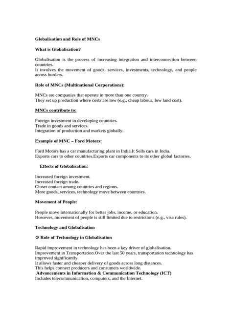 Globalisation And Role Of Mncs Pdf Globalization Multinational