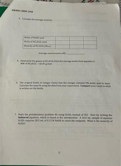 NWHSU CHEM Lab Data Sheet NAME Molarity Of Chegg Com