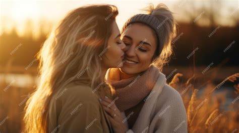 Premium Photo Happy Lesbian Couple Are Outdoors Sunlight Giving A Kiss