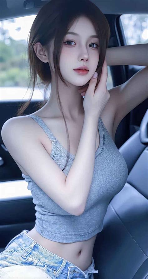 坐在汽车副驾上的紧身背心穿着ai天鹅颈美女手机壁纸图片 极简壁纸