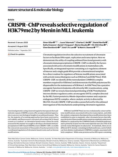 Crisprchip Reveals Selective Regulation Of H3k79me2 By Menin In Mll