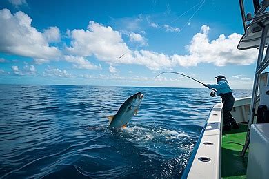 Angler Catching Big Fish On Open Water Background Deep Sea Fishing