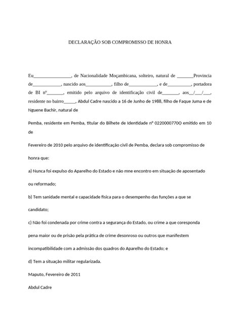 Declaração Comprimisso De Honra Pdf Declaração Comprimisso De Honra Pdf