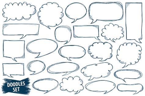 스피치 버블 낙서 세트 낙서 프레임 컬렉션 스케치 벡터 손으로 그린 효과 그림입니다 메시지 문구 텍스트 채팅 대화 또는 대화 구름이 설정됩니다 흰색으로 격리된 스크롤 그래픽