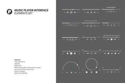 Light Gray Music Player Interface Elements Set Design Templates