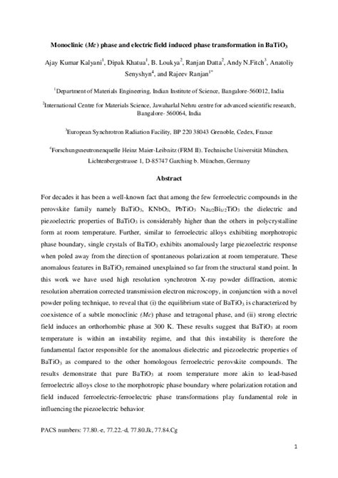 Pdf Monoclinic Mc Phase And Electric Field Induced Phase Transformation In Batio3