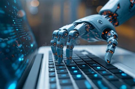 futuristic design ai robot hand on a keyboard graphic design stock