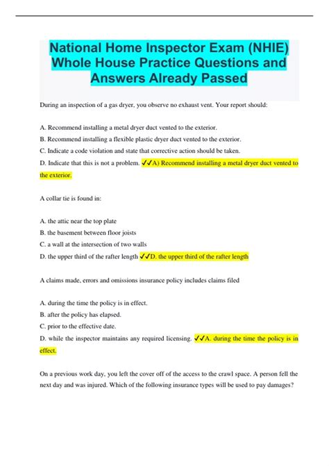 National Home Inspector Exam Nhie Whole House Practice Questions And