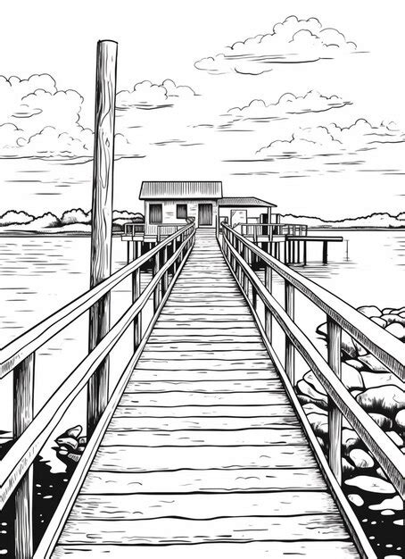 A Black And White Drawing Of A Pier With A Boathouse Generative Ai
