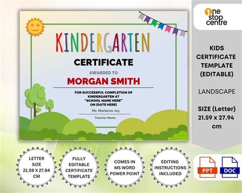 Certificate Kindergarten Editable Template Kindergarten Graduation