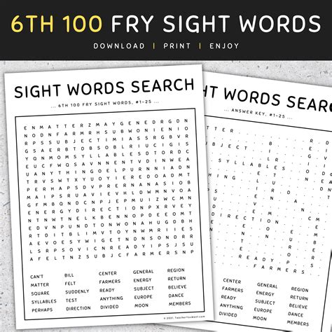 6th 100 Fry Sight Words Word Search Sight Words Practice Game Set 6