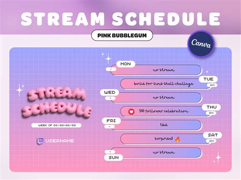 Stream Schedule Template Pink Bubblegum Canva Template Etsy