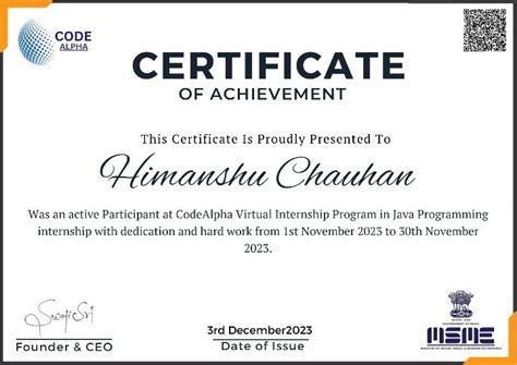 Himanshu Chauhan On Linkedin Javadeveloper Codealphainternship Certificate Internship