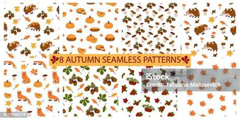 가을 패턴이 설정됩니다 가을 요소 고슴도치 잎 호박 도토리 버섯 산 애쉬 열매가있는 완벽한 배경 벡터 일러스트 만화 스타일 10월에 대한 스톡 벡터 아트 및 기타 이미지