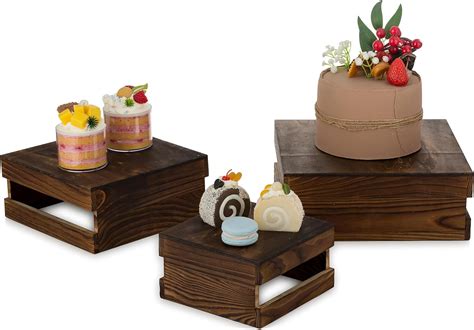 Nuptio Display Riser Cake Stands 3pcs Square Burnt Wood Crates Dessert Holder