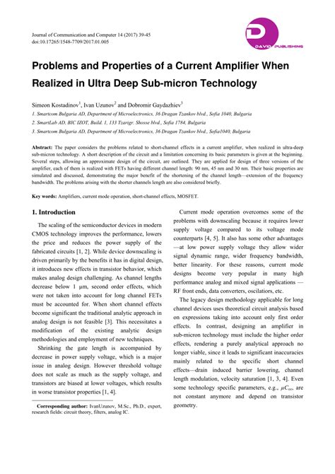 Pdf Problems And Properties Of A Current Amplifier When Realized In Ultra Deep Sub Micron