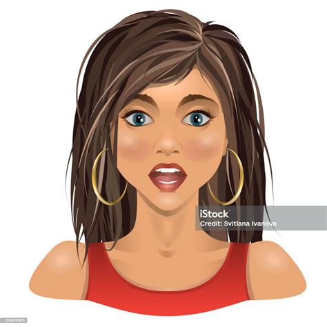 놀란 갈색 머리 젊은 여성의 초상화입니다 빨간 드레스에 예쁜 여자입니다 갈색 머리에 대한 스톡 벡터 아트 및 기타 이미지