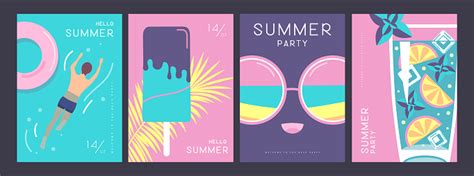 여름 속성을 가진 복고풍 여름 포스터 세트입니다 모히토 칵테일 선글라스 아이스크림 수영 반지 및 수영 남자 벡터 일러스트 레이 션 개체 그룹에 대한 스톡 벡터 아트 및 기타