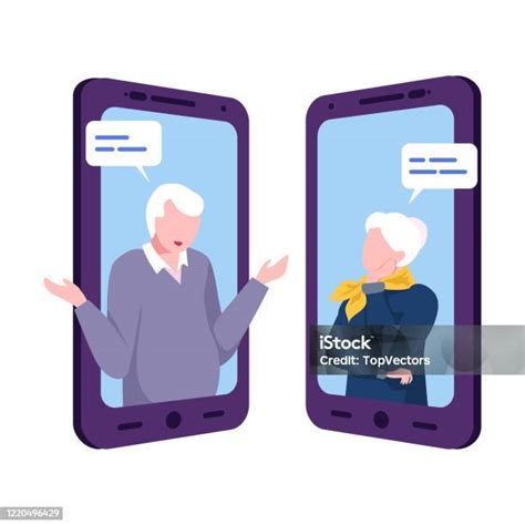 스마트 폰을 통해 두 노인의 대화 서로 마주 보고 두 휴대 전화의 화면에 텍스트 거품 평면 벡터 설명비율 2명에 대한 스톡 벡터