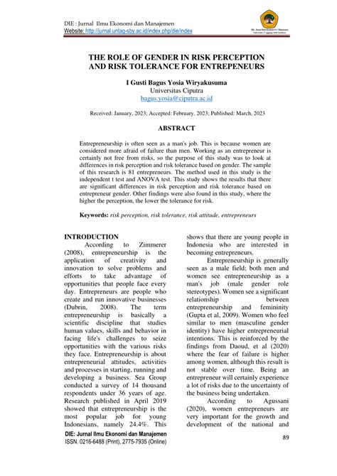 Pdf The Role Of Gender In Risk Perception And Risk Tolerance For Entrepeneurs