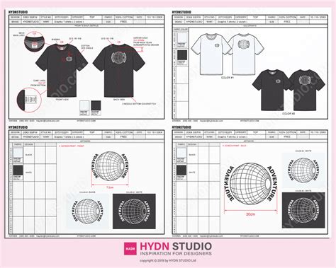 그래픽 티셔츠 디자인을 위한 작업지시서 세트 의류 패션 작업지시서 양식 헤이든스튜디오