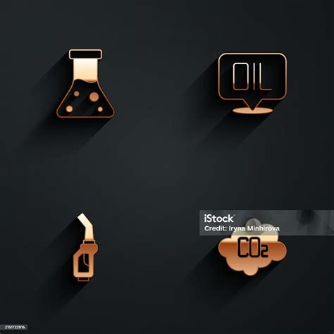 오일 휘발유 시험관 워드 오일 가솔린 펌프 노즐 및 Co2 배출 구름 아이콘을 긴 그림자로 설정합니다 벡터 0명에 대한 스톡