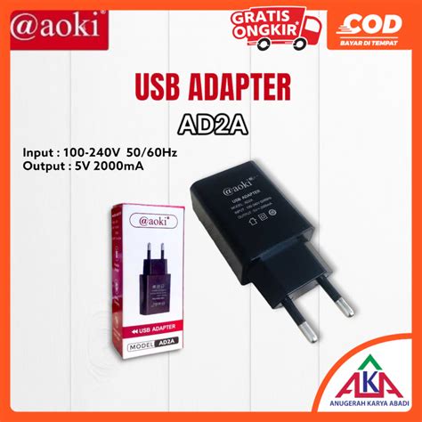 jual usb adapter adaptor kepala travel charger aoki ad2a 5v 2a