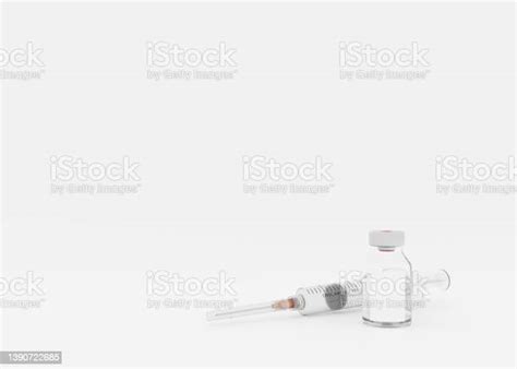 주사기와 흰색 배경에 백신이있는 빈 병 백신 병 모의 의학 예방 접종 건강 관리 개념 무료 텍스트를위한 복사 공간 3d 렌더링