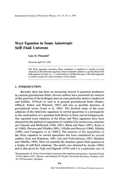 Pdf Weyl Equation In Some Anisotropic Stiff Fluid Universes