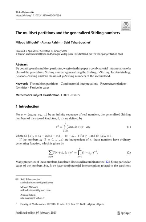 Pdf The Multiset Partitions And The Generalized Stirling Numbers