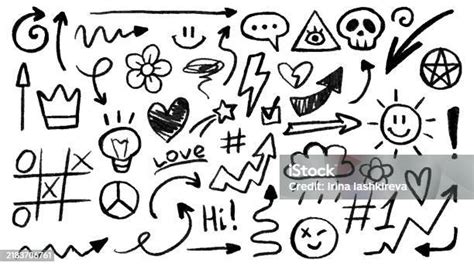 손으로 그린 낙서 요소와 화살표 모음 추상적인 낙서 구불구불한 곡선 및 연필과 분필로 그린 모양 창의적인 그래픽 심볼 0명에 대한 스톡 벡터 아트 및 기타 이미지 Istock