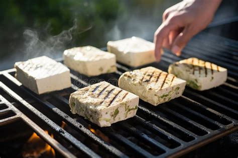 Side View Of Person Flipping Tofu Steaks On A Grill Stock Image Image