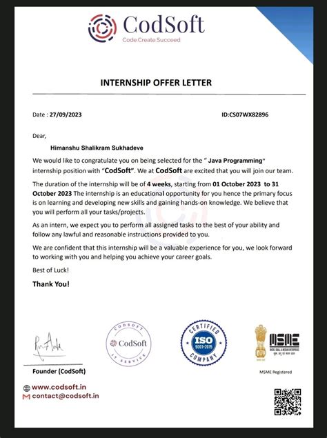 Im Glad To Share That Ive Got An Internship Offer Letter From Codsoft