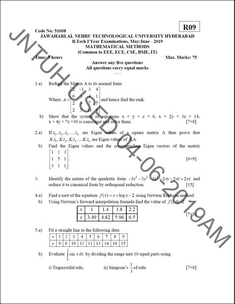 Jntuh Btech Mathematical Methods Mayjune 2019 Question Paper