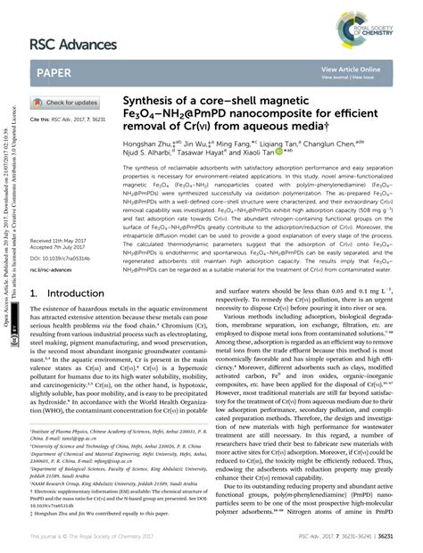 Pdf Synthesis Of A Core Shell Magnetic Fe 3 O 4 Nh 2 Pmpd Nanocomposite For Efficient