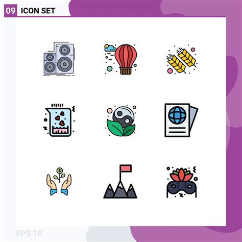 Group Of 9 Modern Filledline Flat Colors Set For Symbol Heart Food Flask Wheat Editable Vector