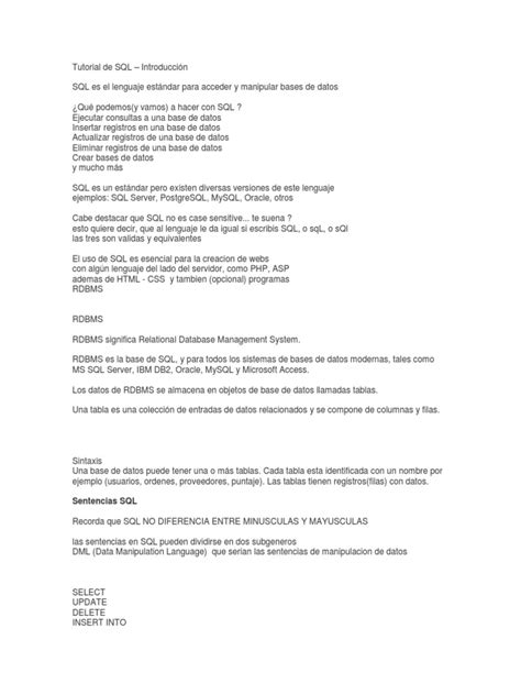 Tutorial De Sql Muy Basico Pdf Sql Diseño De Software