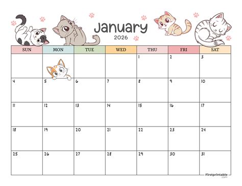 January 2026 Calendar Cat Themed 01 50 Free Printable Planners