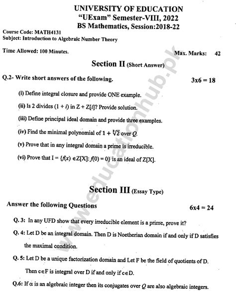 Math4131 Introduction To Algebraic Number Theory Bs Math Education