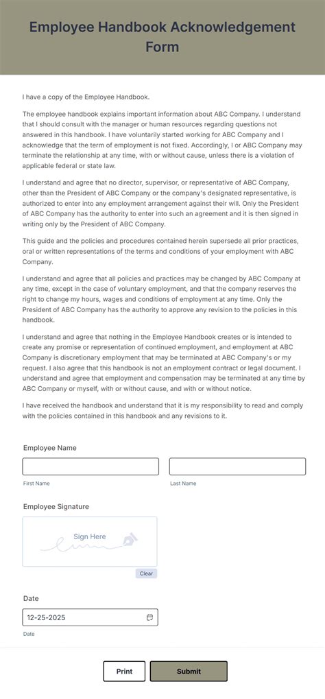 Employee Handbook Acknowledgement Form Template Jotform