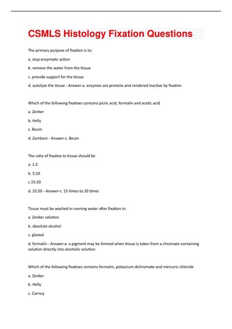 CSMLS Histology Fixation Questions And Answers With Complete Solution CSMLS Histology Fixation