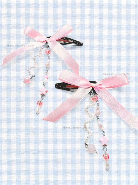 Pink Bow Beaded Hair Clips Kawaii Coquette Hair Pins Cute Girly Ribbon