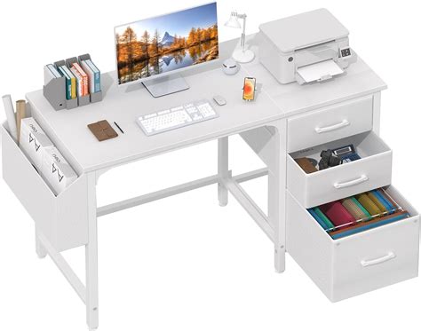 Lufeiya White Desk With Fabric File Drawers Cabinet 47