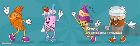 빵집에 대한 글자와 문구가 있는 포스터 디저트 캐릭터가 있는 멋진 포스터와 카드 컬렉션 복고풍 만화 마스코트 세트 카페 및 배달