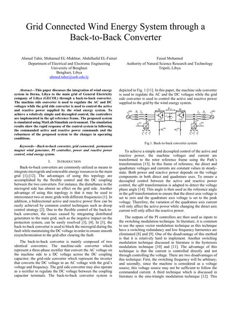 Pdf Grid Connected Wind Energy System Through A Back To Back Converter
