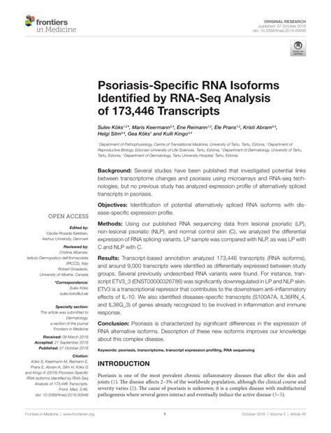 Pdf Psoriasis Specific Rna Isoforms Identified By Rna Seq Analysis Of 173446 Transcripts