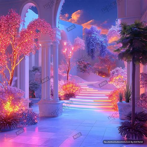 Ai创作图唯美梦幻地产 粉红宫殿插画幻想 幻想粉红宫殿插画 浪漫梦幻美景 唯美浪漫场景 粉红色的带走道的超现实城堡 欧式风格场景 仙境庭院 动漫场景设计 粉红宫殿幻想 粉红色的梦幻走廊 浪漫